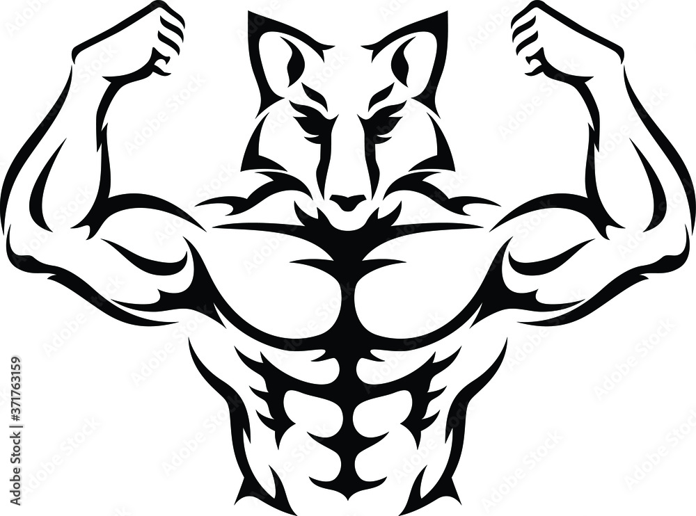 Muscular Bodybuilder with Fox Head Shows His Biceps Stock Vector ...
