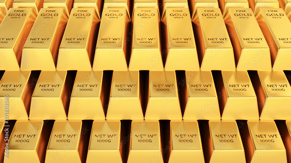 Closed up of shiny gold bars arrange and stack up in the perfect position row. Reflection of ...