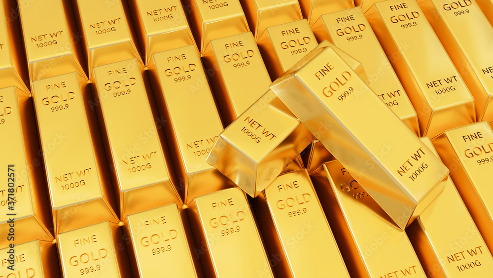 Closed up of shiny gold bars arrange and stack up in the perfect position row. Reflection of ...