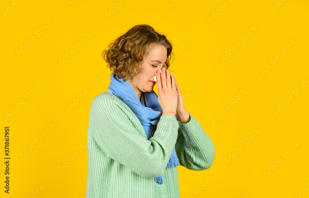 Inflammation nasal sinus. Chronic sinusitis. Cold flu symptoms. Woman ...