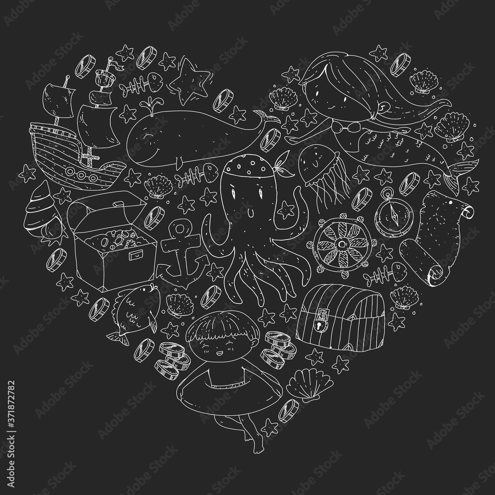 Vector icons of sea ocean adventure for little children. Nautical ...