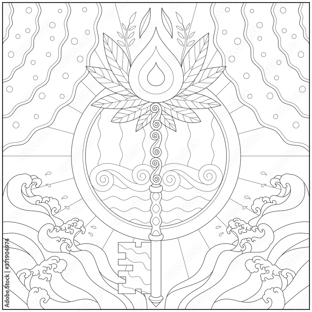 Fantasy water key, adult and kid coloring page in stylish vector ...