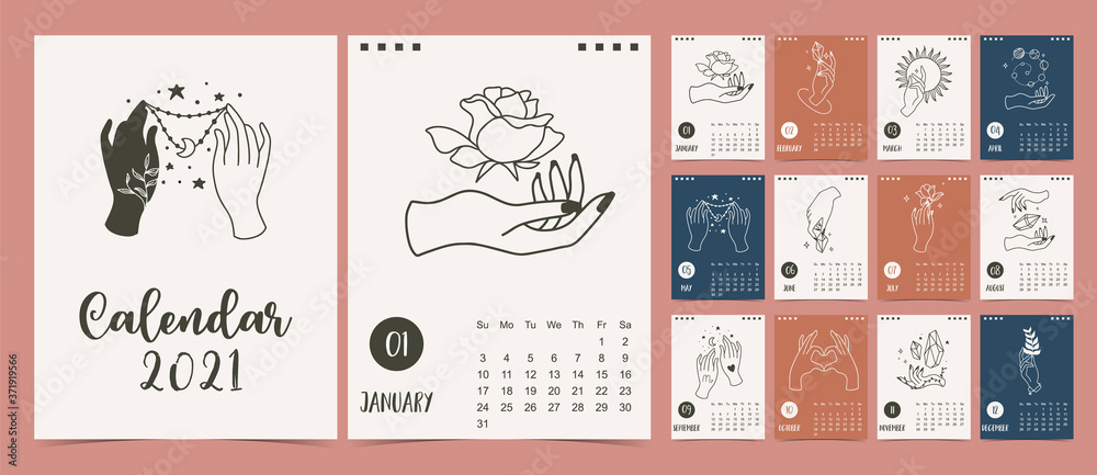 Cute boho calendar 2021 with hand,flower for printable,postcard,poster ...
