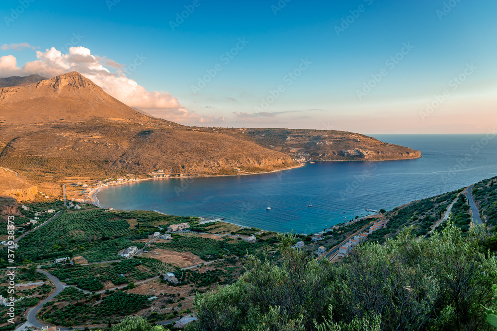Maniot landscape: Gulf of Oitilo and Limeni bay, Limeni village, Neo ...