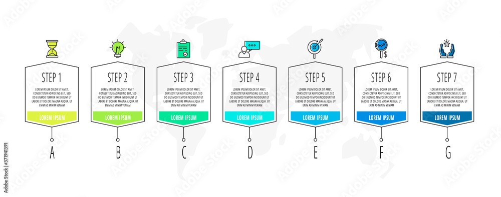 Vector infographics with 7 steps, labels. Line template. Used for ...