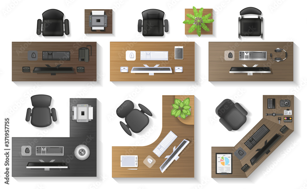 Set of office tables. Top view. Office desk, chair, computer and items. (View from above) 素材庫向量圖 ...