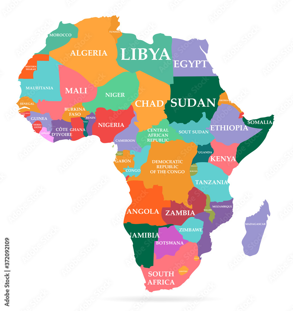 Vector illustration of colorful map. Africa continent with names of ...