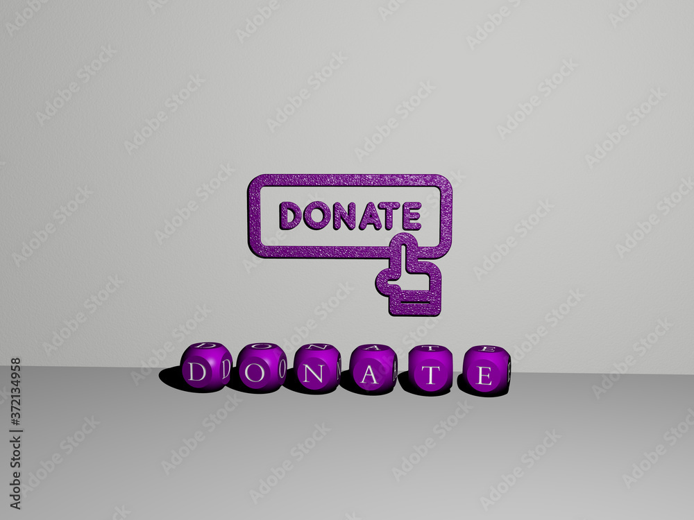 3D representation of DONATE with icon on the wall and text arranged by ...