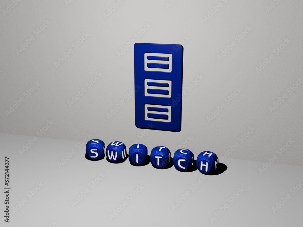 SWITCH 3D icon on the wall and text of cubic alphabets on the floor, 3D ...