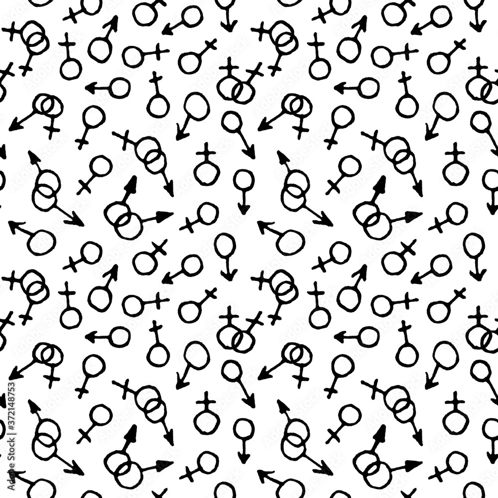 Seamless pattern with female and male gender symbols hand drawn outline ...