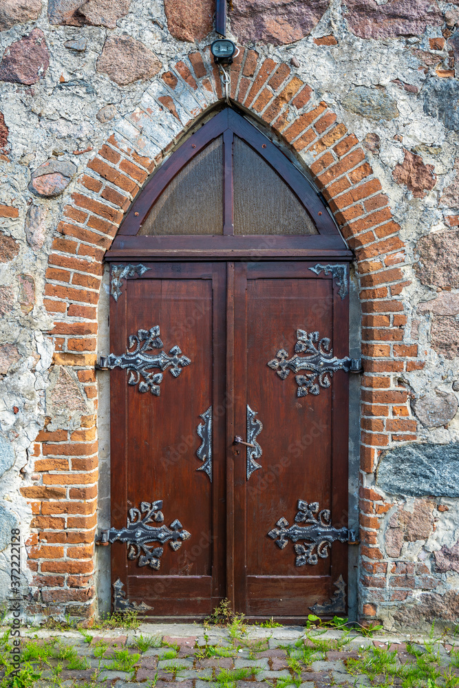 Small vintage christian catholic chapel. Brick building with gothic ...