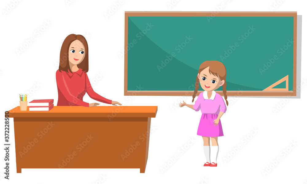 Education vector, teacher and pupil standing by blackboard with ruler ...