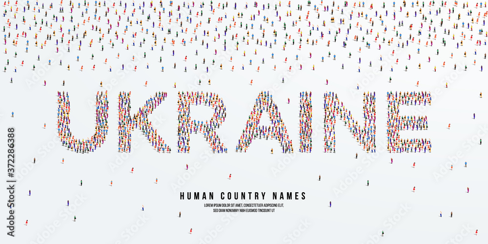 Human country name Ukraine. large group of people form to create ...