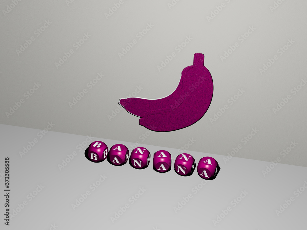 3D illustration of banana graphics and text made by metallic dice ...