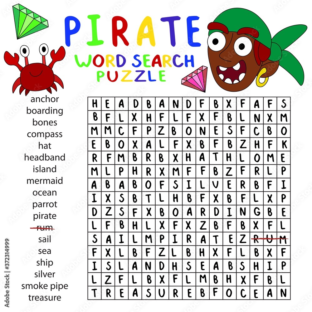 Pirate word search puzzle children worksheet. English word search ...
