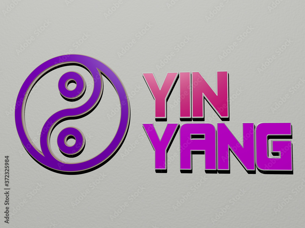3D illustration of yin yang graphics and text made by metallic dice ...