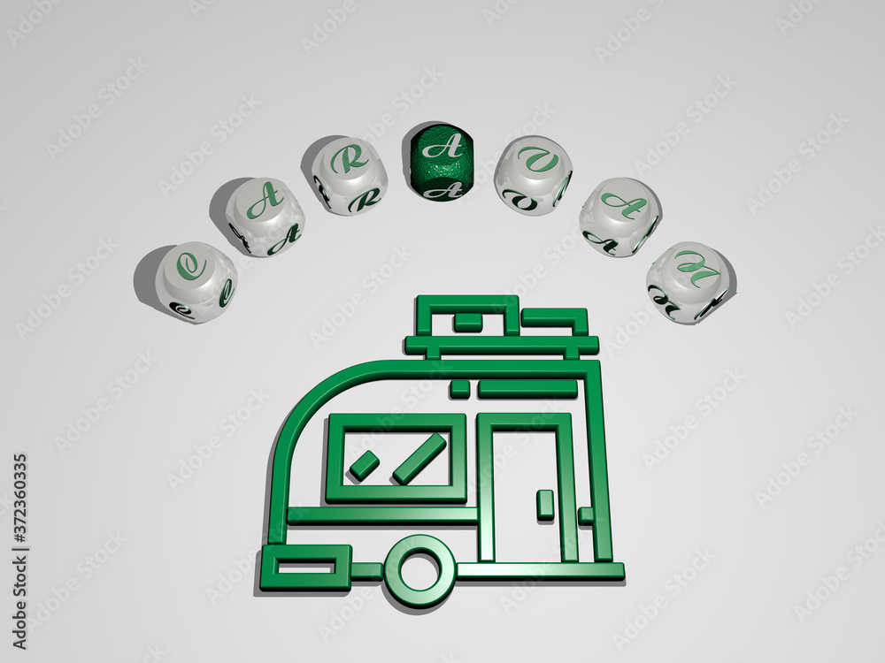 caravan 3D icon surrounded by the text of cubic letters, 3D ...