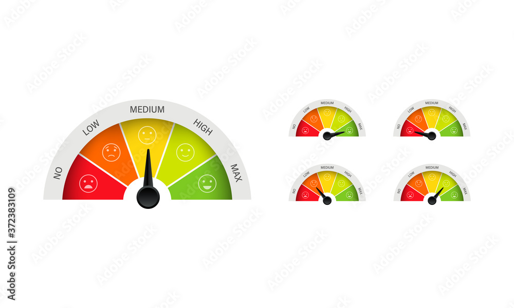 Risk icon on speedometer. Low, medium and high level risk. Vector on ...