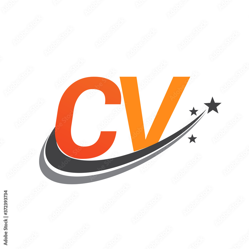 initial letter CV logotype company name colored orange and grey swoosh ...