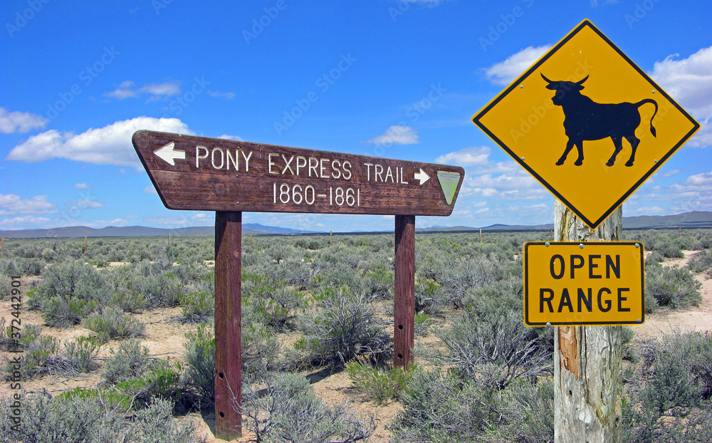 Open range sign and Pony Express route signs Stock Photo | Adobe Stock