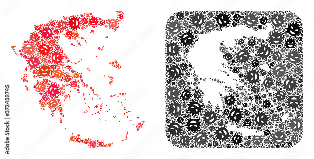 Pandemic virus map of Greece collage formed with rounded square and ...