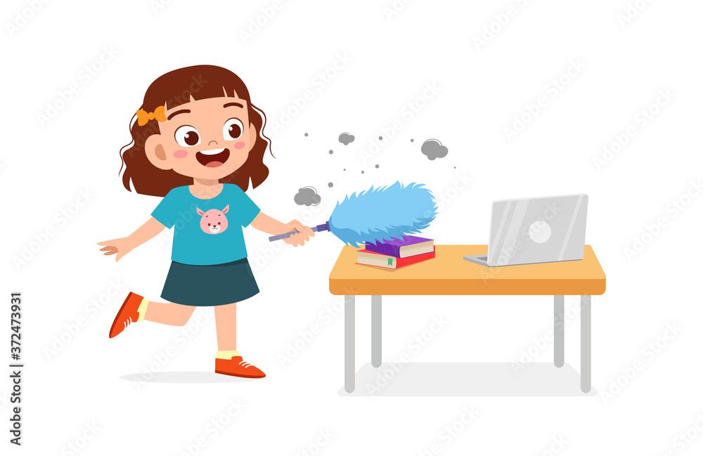 happy cute little kid boy and girl do chores cleaning table Stock ...