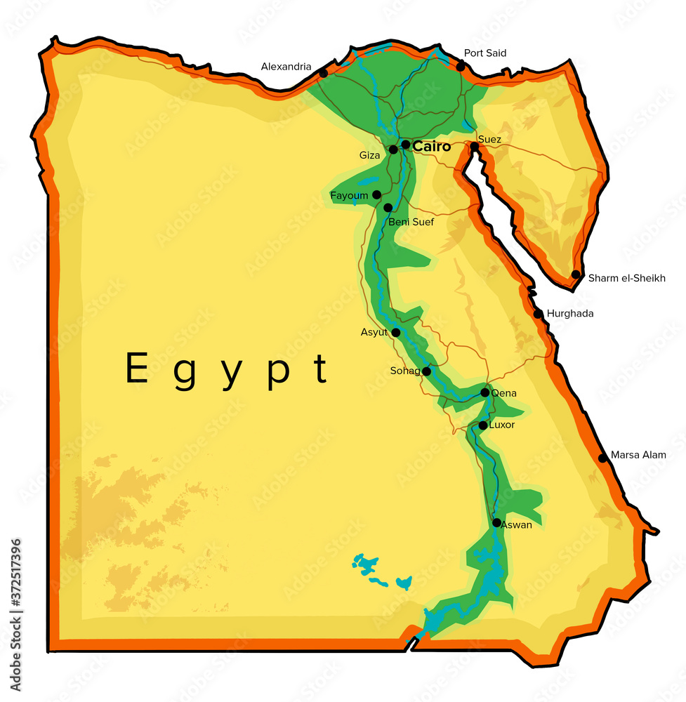 Egypt map, rivers, roads and cities. Hand drawn map. North Africa ...