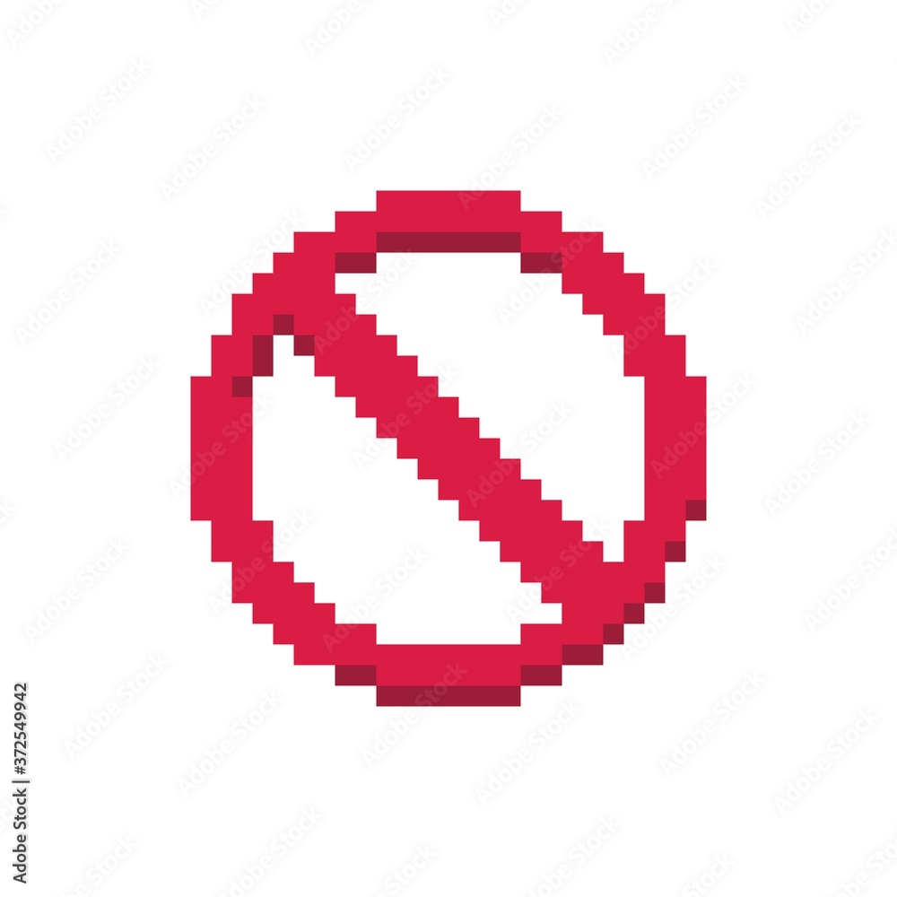 Pixel art 8-bit red stop sign crossed circle warning - isolated vector ...