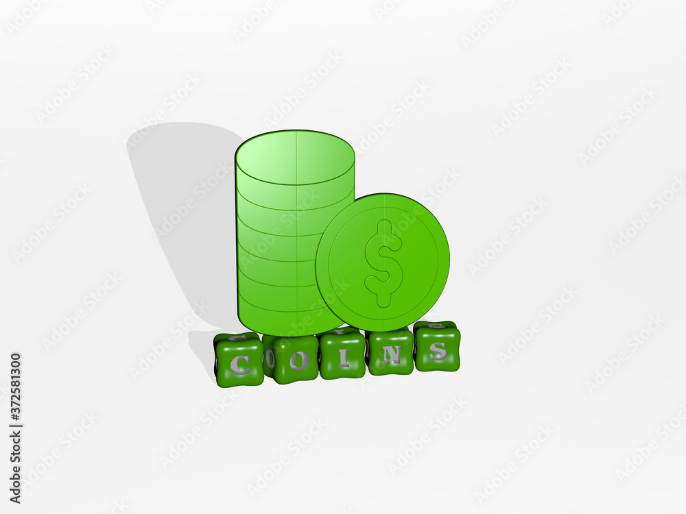 COINS 3D icon object on text of cubic letters, 3D illustration for ...