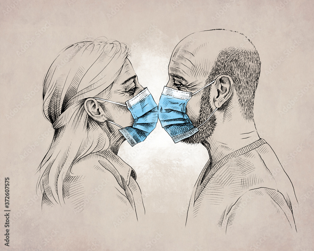 Drawing of profile of mature couple wearing blue protective masks and ...