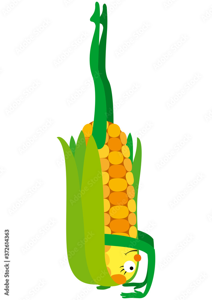 Vegetable yoga corn / Cartoon corn practicing yoga asana headstand pose ...