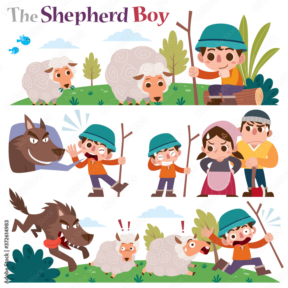 Vector Illustration of Cartoon characters The Shepherd boy. Fairy tale ...