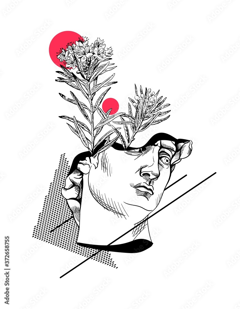 Creative modern abstract poster with sculpture of David, flower and ...