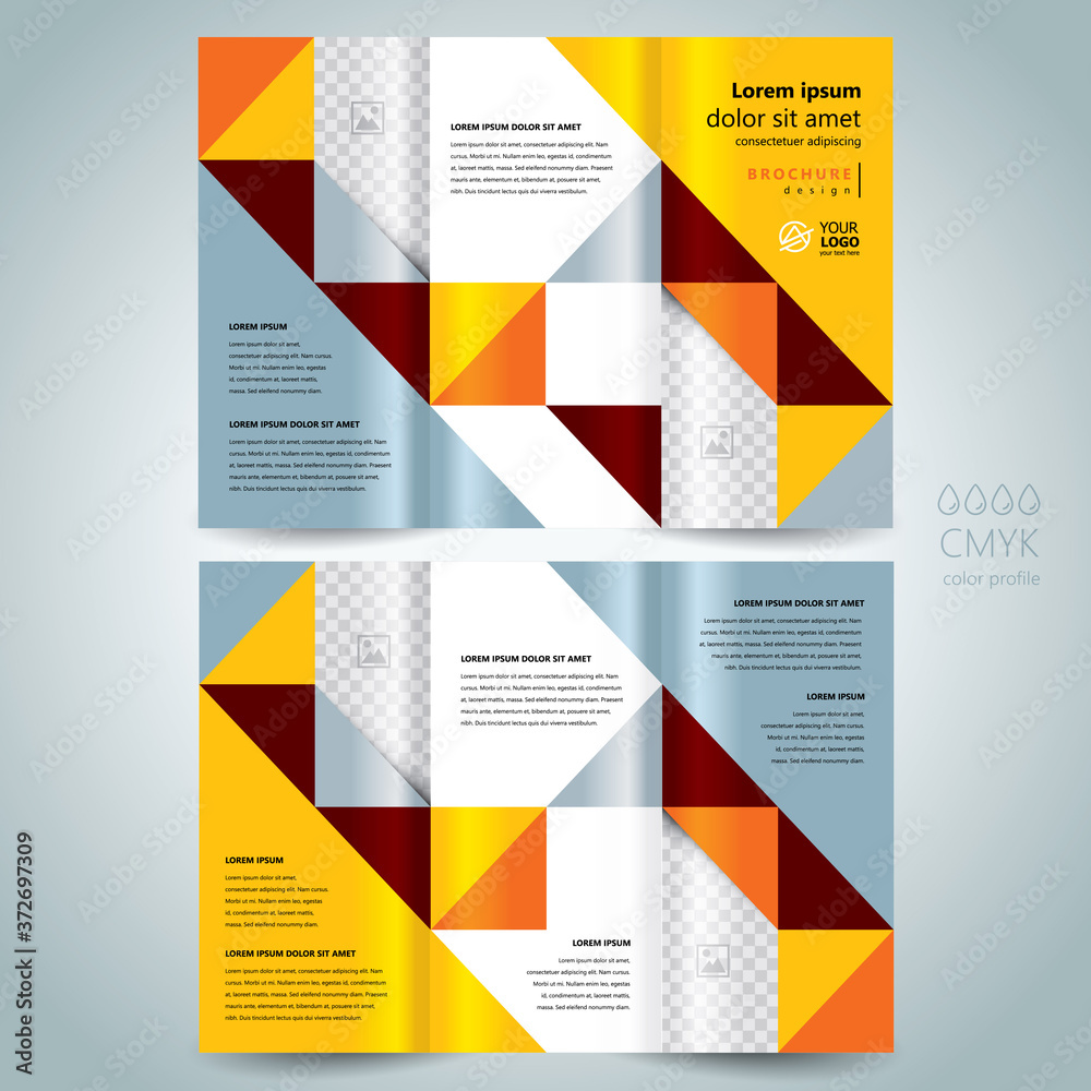 Tri-fold triangles design template cover brochure. Cmyk profile color ...