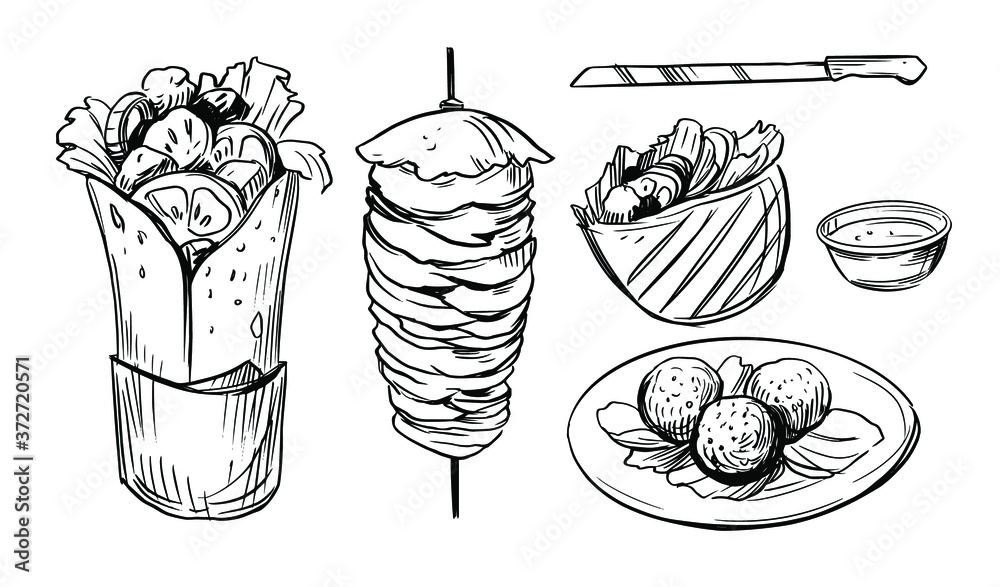 Sketch of doner kebab. Fast food illustration. Stock Vector | Adobe Stock