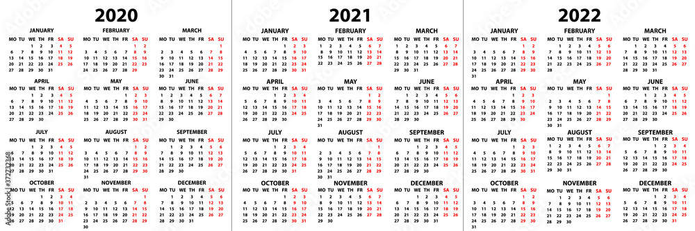 Calendar for 2020, 2021 and 2022 years in English in simple style on a ...