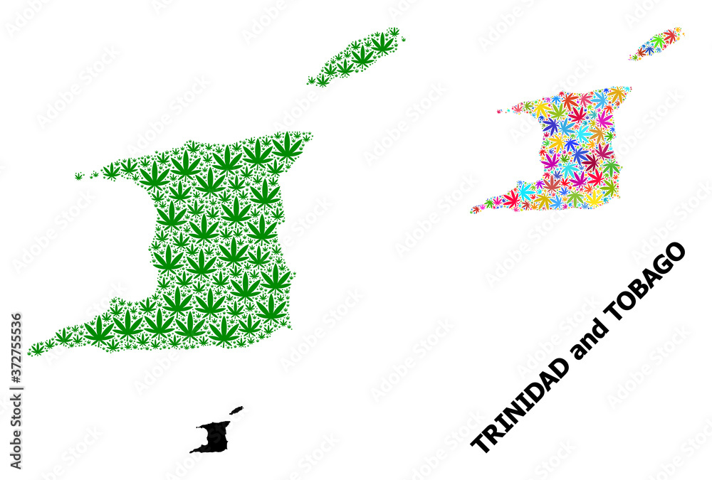Vector Collage Map of Trinidad and Tobago of Psychedelic and Green Weed ...