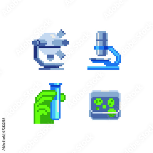 Microscope, pixel art icon. Isolated vector flat illustration. Biology ...