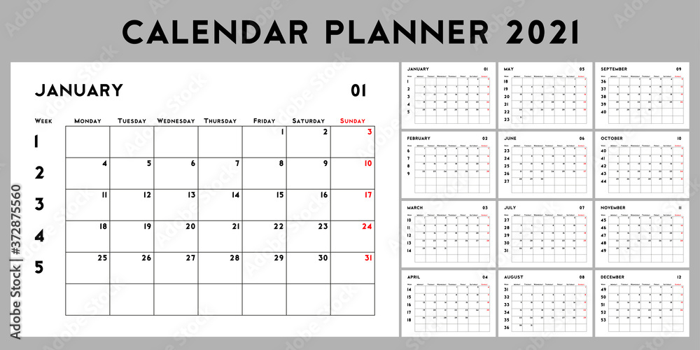 2021 calendar planner with week numbers, basic design template. The ...