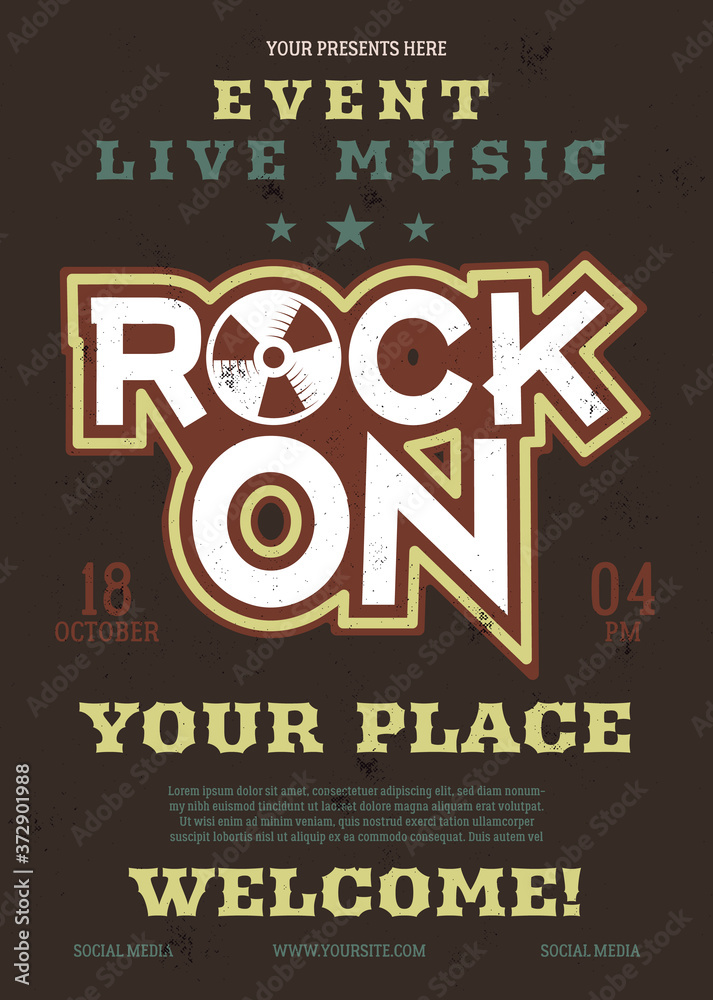 Rock music vector flyer, live event poster background template with ...