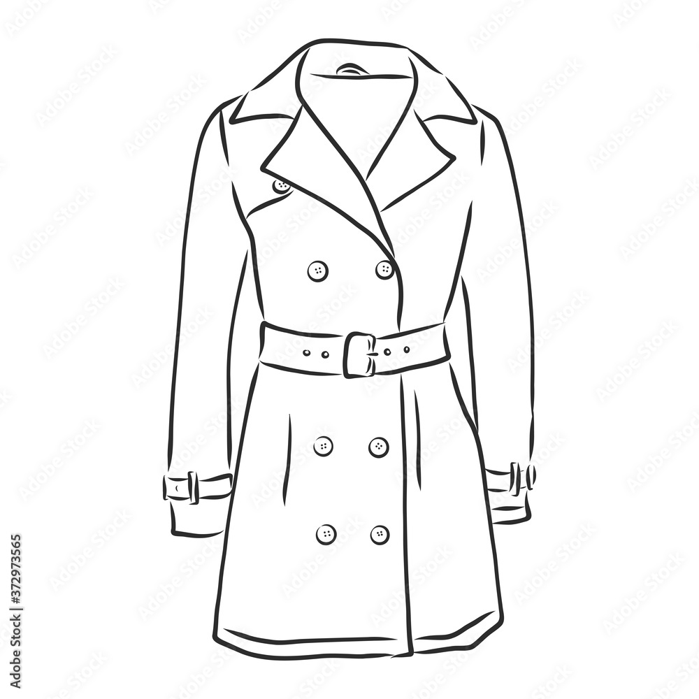 Raincoat. Monochrome sketch, hand drawing. Black outline on white ...