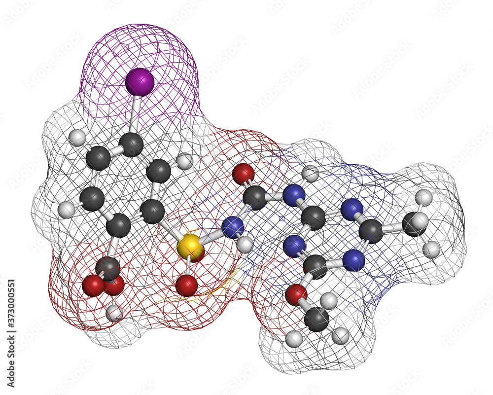 Iodosulfuron herbicide molecule. 3D rendering. Atoms are represented as ...