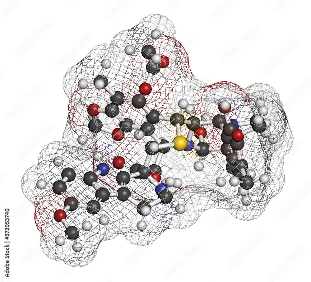 Lurbinectedin cancer drug molecule. 3D rendering. Atoms are represented ...