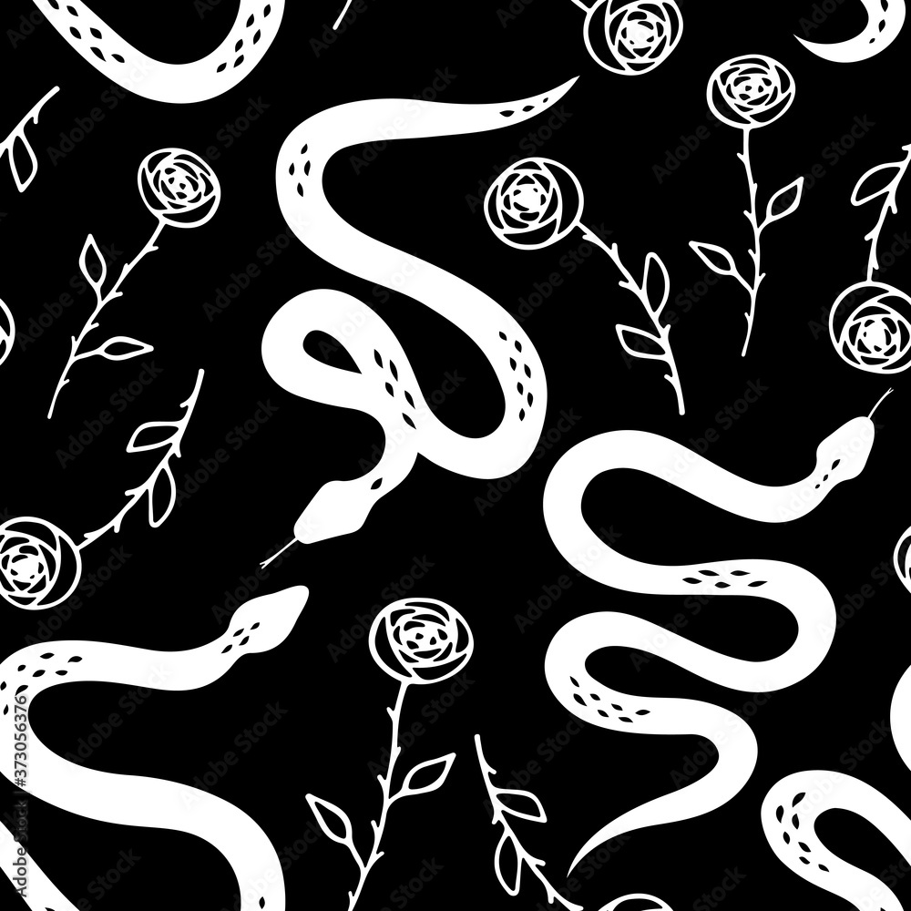 Snakes and roses on black background. Botanical background on tropical ...