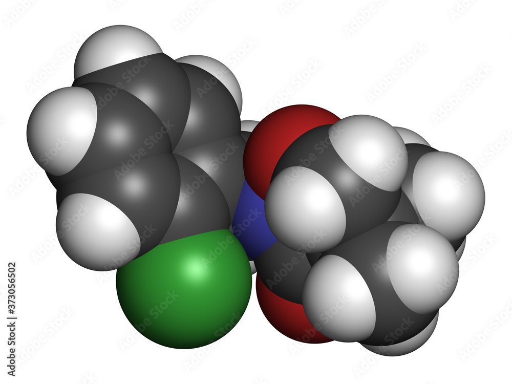 Clomazone herbicide molecule. 3D rendering. Atoms are represented as ...