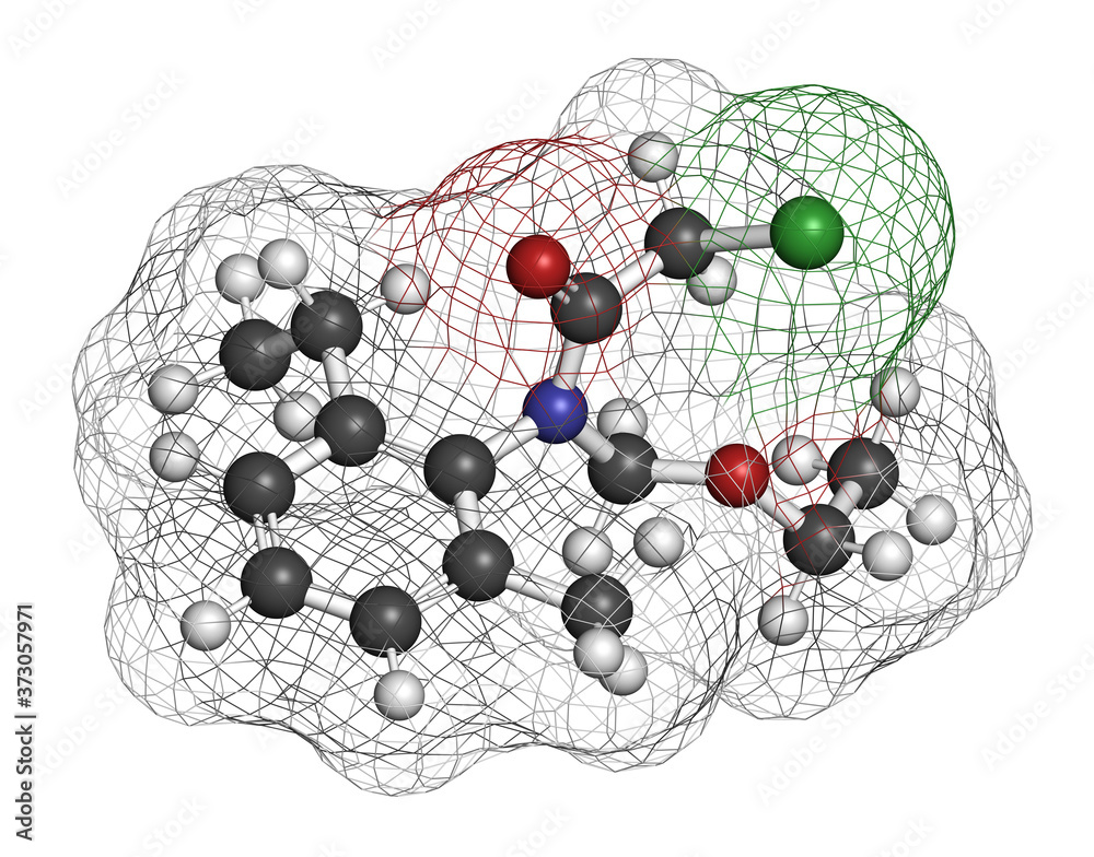 Acetochlor herbicide molecule. 3D rendering. Atoms are represented as ...