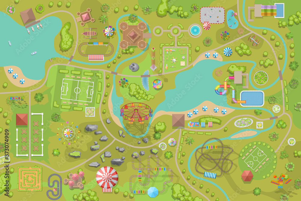 Amusement park map. (Top view) Attractions, paths, lake, river, plants ...