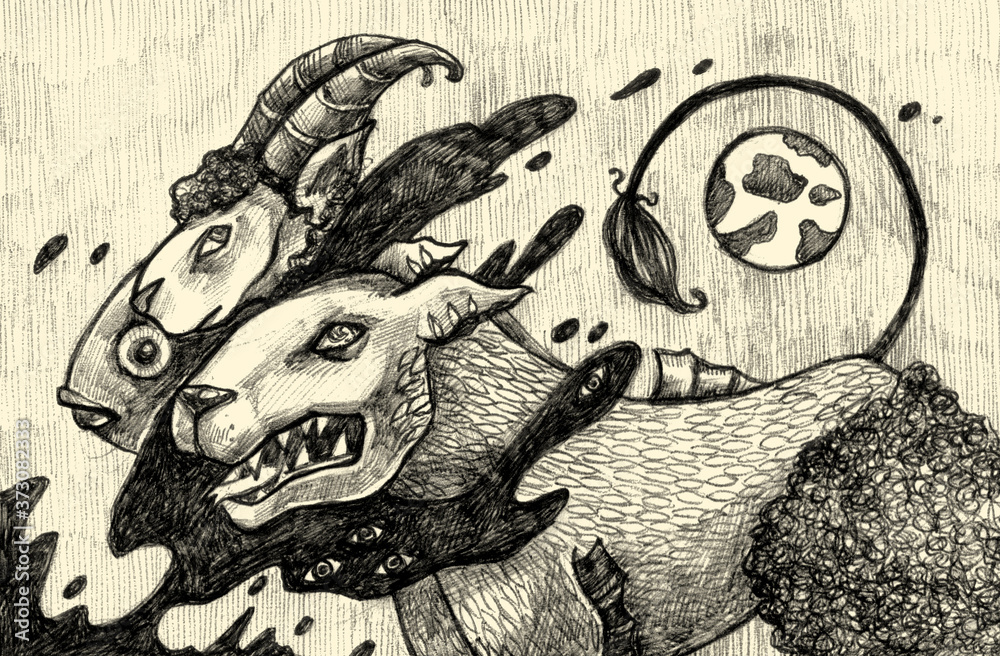 Traditional ink illustration with chimera, old engraving style, can be ...