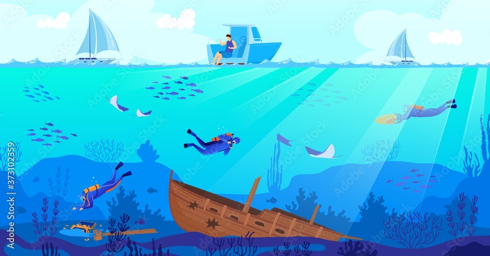 Wreck diving vector illustration. Cartoon flat scuba diver characters ...