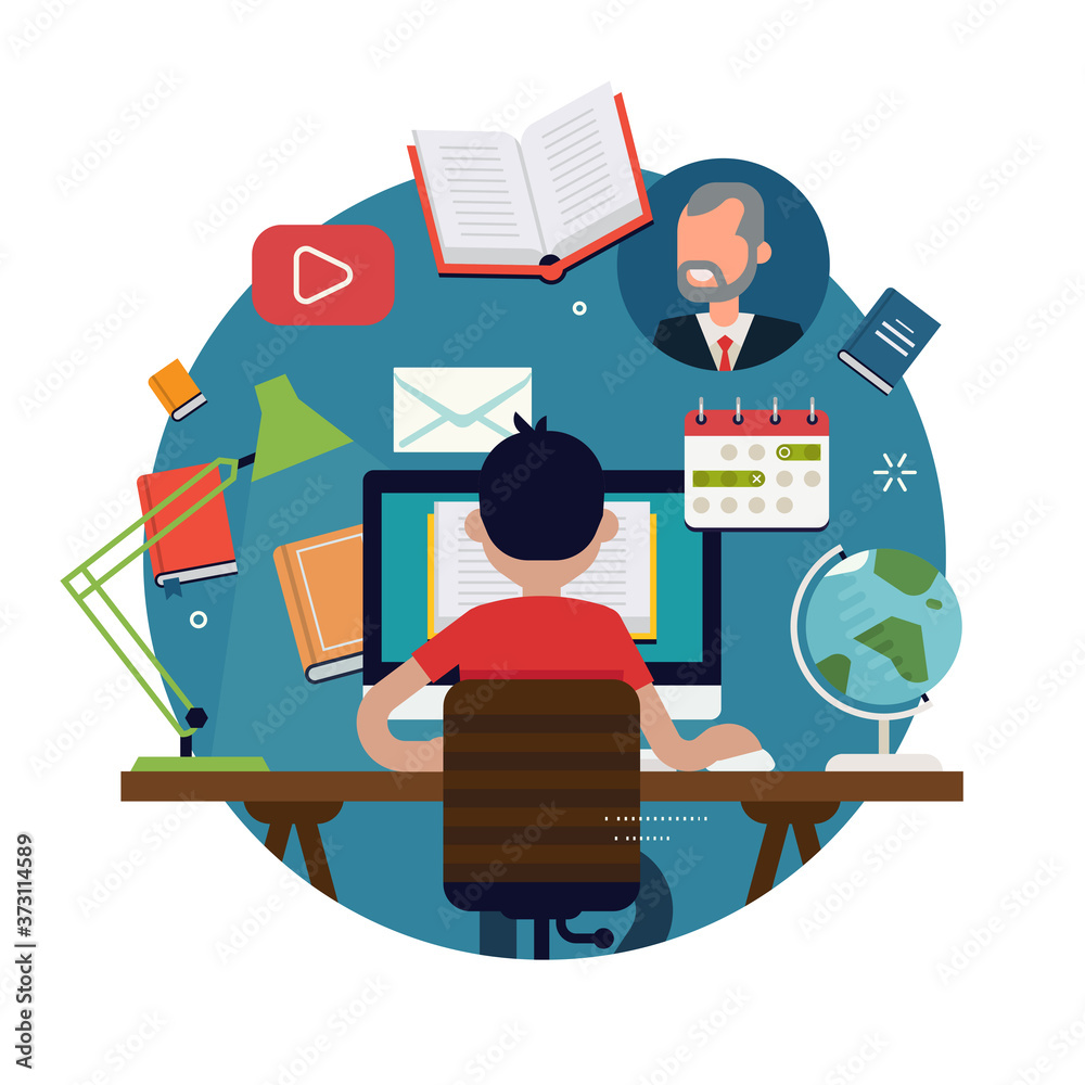 Cool vector flat design round element on student in learning process ...